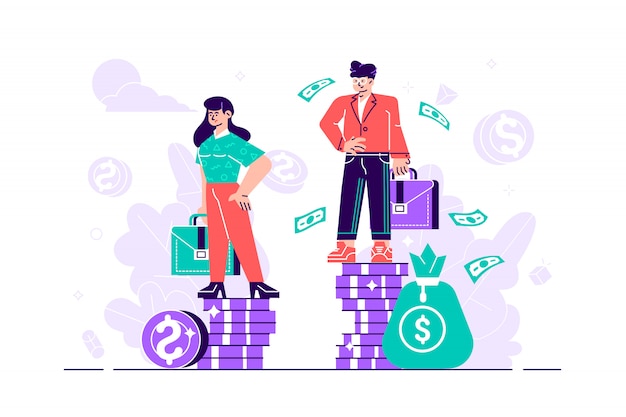 Businessman And Businesswoman Are Standing On Stacks Of Coins