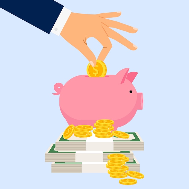 Premium Vector | Businessman puts coin in piggy bank Premium Vector | Businessman puts coin in piggy bank