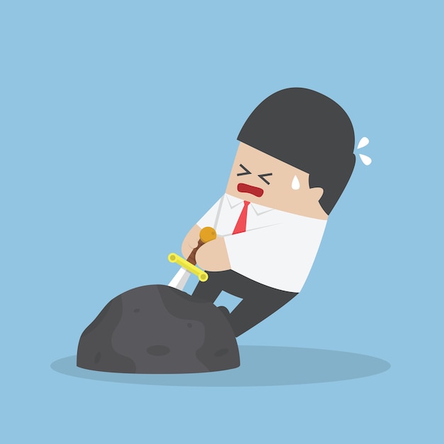 Premium Vector | Businessman try to pull sword from stone Premium Vector | Businessman try to pull sword from stone