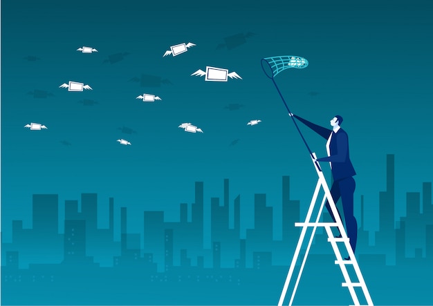 Premium Vector | Businessman trying to catch money fly on city background Premium Vector | Businessman trying to catch money fly on city background