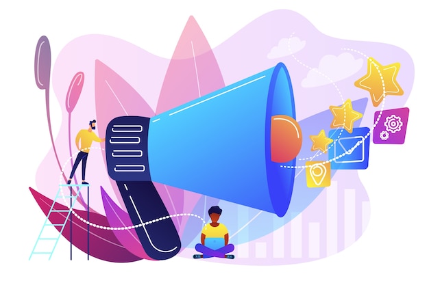 Free Vector | Businessman with megaphone promote media icons. sales ... Free Vector | Businessman with megaphone promote media icons. sales ...
