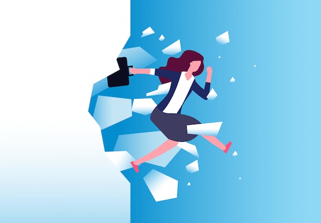 Premium Vector Businesswoman Breaking Wall Strong Woman Jamps