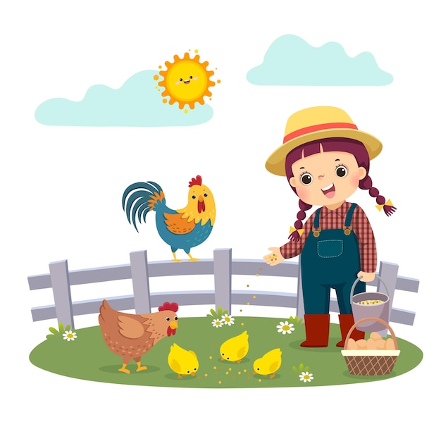 Premium Vector | Cartoon of little girl farmer feeding her chickens Premium Vector | Cartoon of little girl farmer feeding her chickens