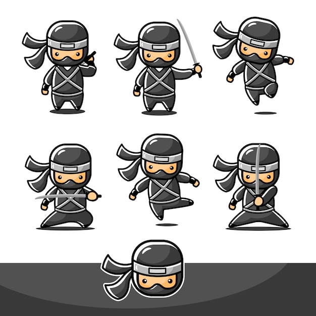Premium Vector | Cartoon little ninja action set Premium Vector | Cartoon little ninja action set