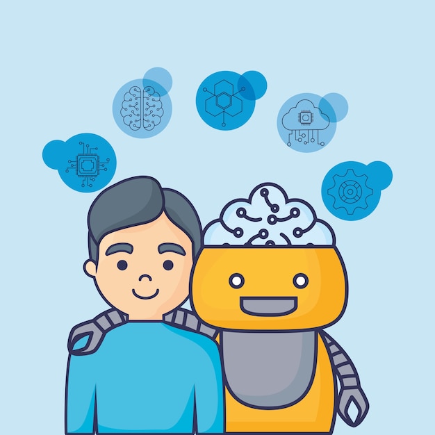 Premium Vector | Cartoon robot with artificial intelligence related icons Premium Vector | Cartoon robot with artificial intelligence related icons