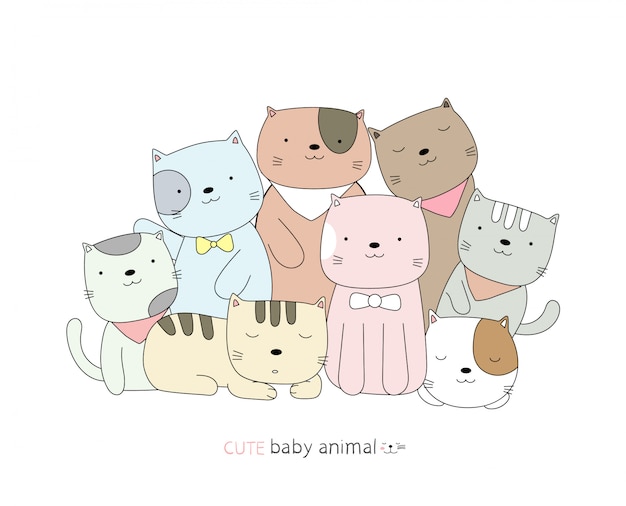 Premium Vector | Cartoon sketch the cute cat baby animal. hand-drawn style. Premium Vector | Cartoon sketch the cute cat baby animal. hand-drawn style.