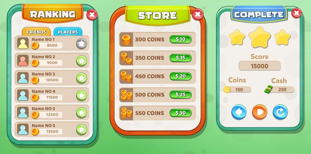 Premium Vector | Casual cartoon kids game ui ranking, store and level ... Premium Vector | Casual cartoon kids game ui ranking, store and level ...