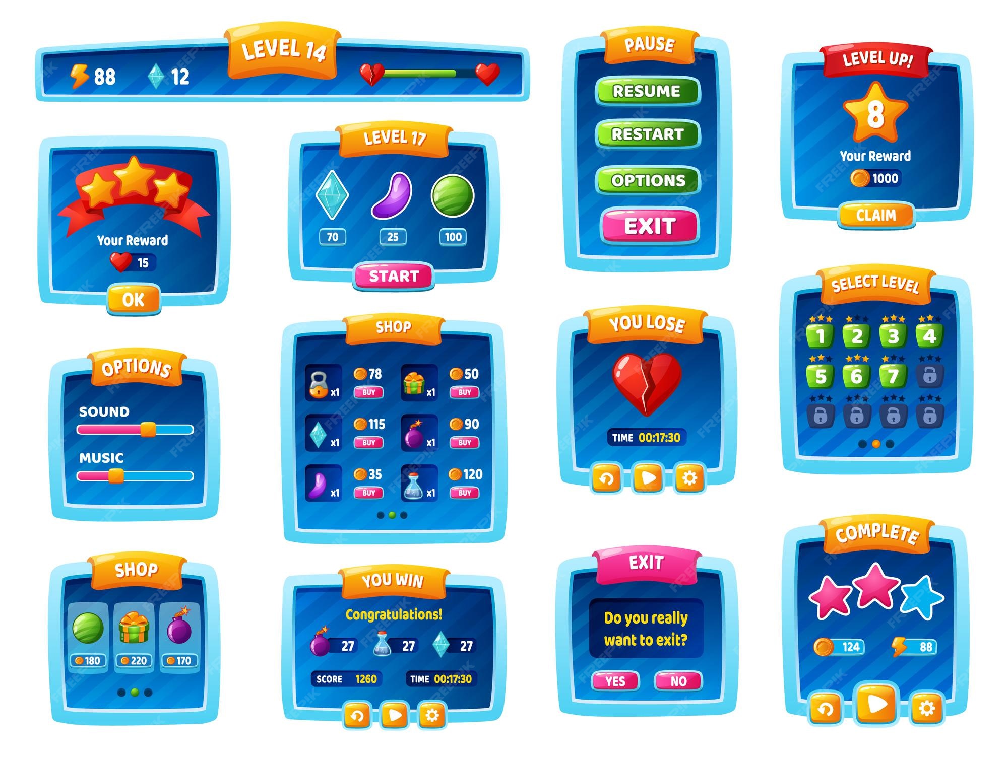 캐주얼 게임 메뉴 및 팝업 창 만화 게임 앱 Ui 요소 레벨 선택 일시 중지 상점 창 모바일 게임 디자인 자산 벡터 세트 프리미엄 벡터