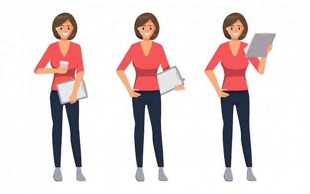 Premium Vector | Character businesswoman holding a clipboard pose set Premium Vector | Character businesswoman holding a clipboard pose set