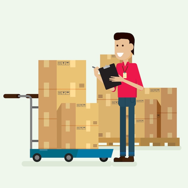 Premium Vector | Character warehouse worker checking goods Premium Vector | Character warehouse worker checking goods