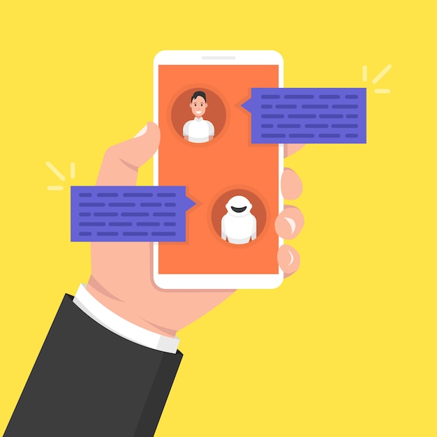 Premium Vector | Chatbot concept. man chatting with chat bot on smartphone Premium Vector | Chatbot concept. man chatting with chat bot on smartphone