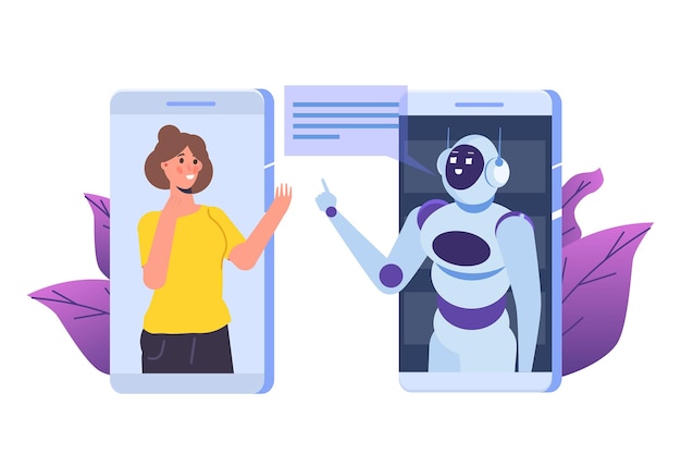 Premium Vector | Chatbot concept. man talking to robot. customer ... Premium Vector | Chatbot concept. man talking to robot. customer ...