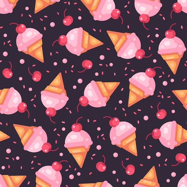 Premium Vector Cherry Ice Cream Cone Dark Seamless Pattern