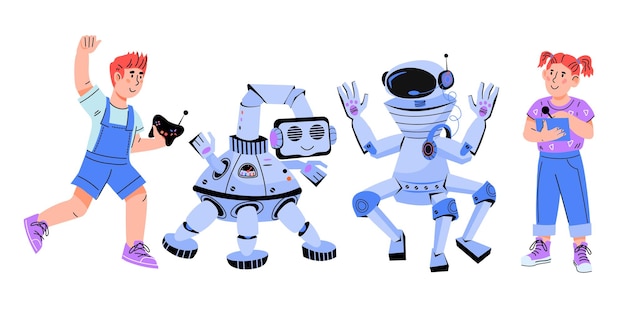 Premium Vector | Children build and program robots teaching children ...