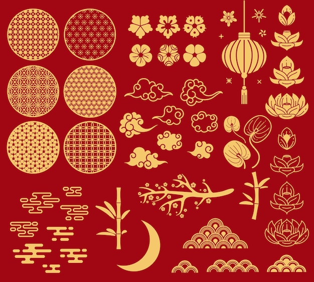 Premium Vector | Chinese new year elements isolated on red Premium Vector | Chinese new year elements isolated on red