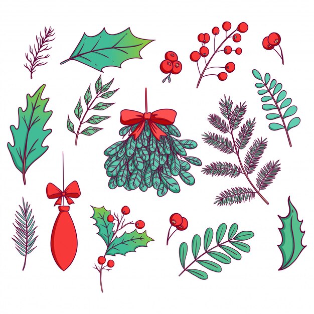 Premium Vector | Christmas foliage with colorful hand drawn or doodle style Premium Vector | Christmas foliage with colorful hand drawn or doodle style