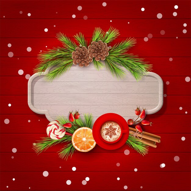 Premium Vector Christmas Wooden Signboard With Fir Branches A Cup Of
