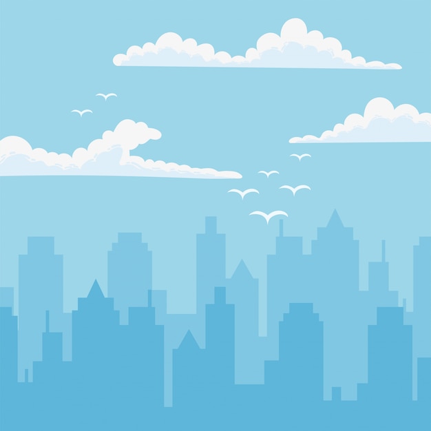 Premium Vector | Cityscape urban towers flying birds clouds sky Premium Vector | Cityscape urban towers flying birds clouds sky