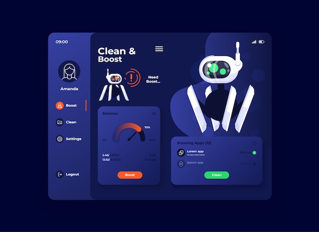 Premium Vector Clean And Boost Tablet Interface Vector Template Mobile App Page Night Mode