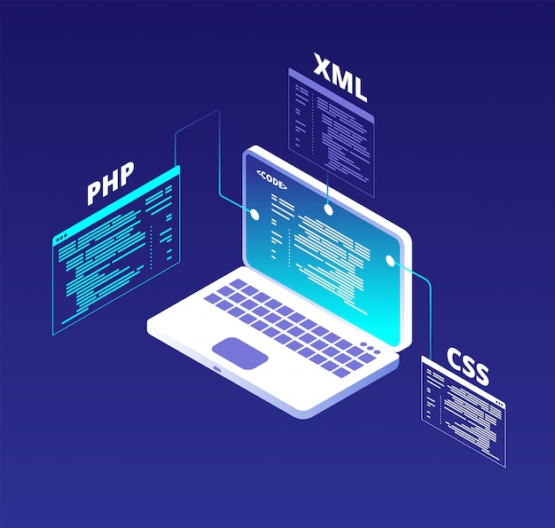 코딩 개념 랩톱 및 가상 화면을 사용한 웹 사이트 개발 및 앱 소프트웨어 프로그래밍 Html5 및 Php 코드 벡터 배경 프리미엄 벡터