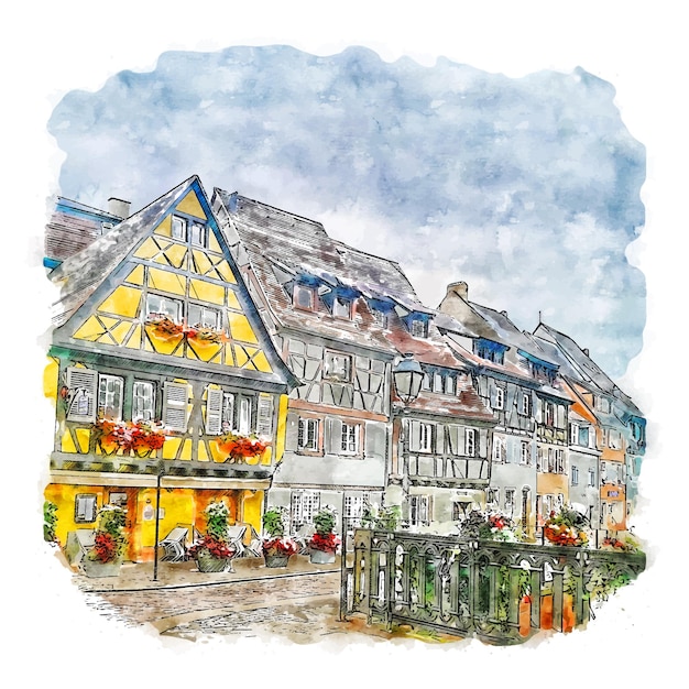 Premium Vector | Colmar france watercolor sketch hand drawn illustration Premium Vector | Colmar france watercolor sketch hand drawn illustration