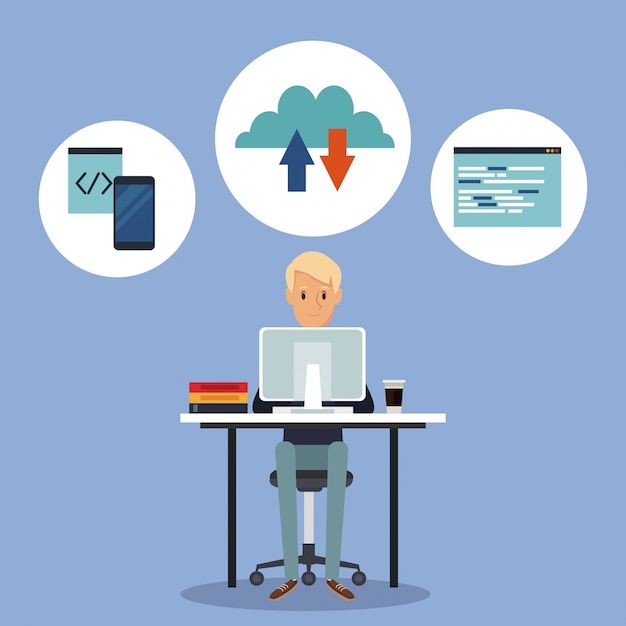 Premium Vector Color Scene Background Side View Web Developer Man In Desk Programming Language