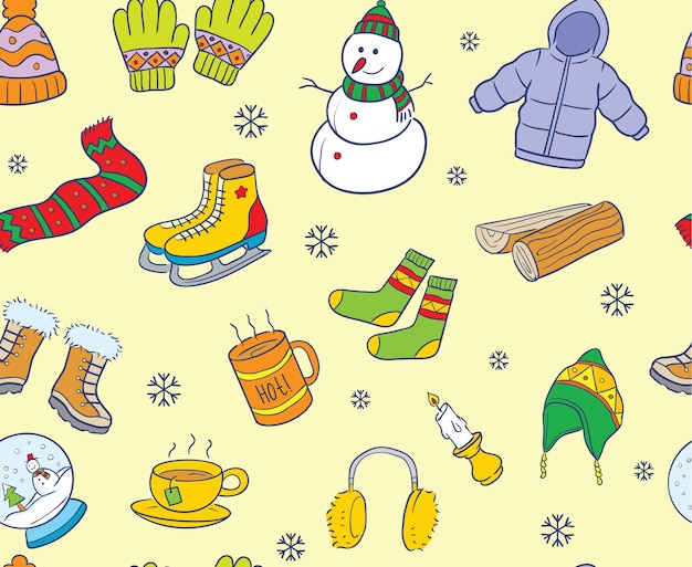 Premium Vector | Colored winter elements seamless pattern Premium Vector | Colored winter elements seamless pattern