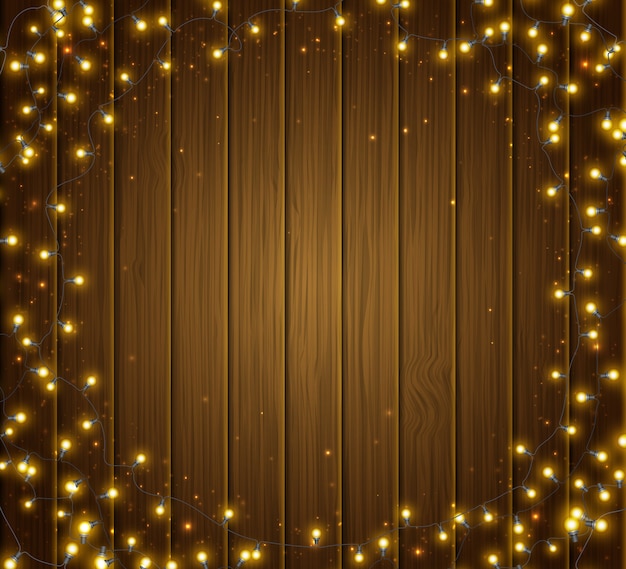 Premium Vector | Colourful glowing christmas round garland on wooden ... Premium Vector | Colourful glowing christmas round garland on wooden ...