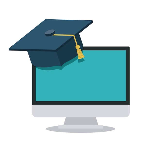 Premium Vector | Computer with graduation hat isolated icon Premium Vector | Computer with graduation hat isolated icon