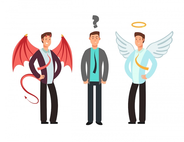 Premium Vector | Confused businessman with angel and devil over ... Premium Vector | Confused businessman with angel and devil over ...