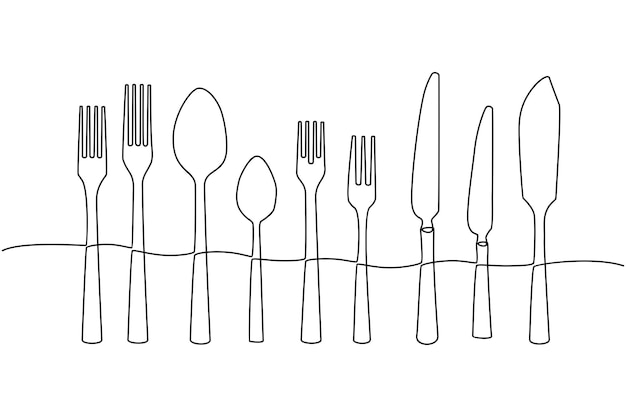 Premium Vector Continuous Line Drawing Of Tableware Spoon Knife And Fork Vector Illustration
