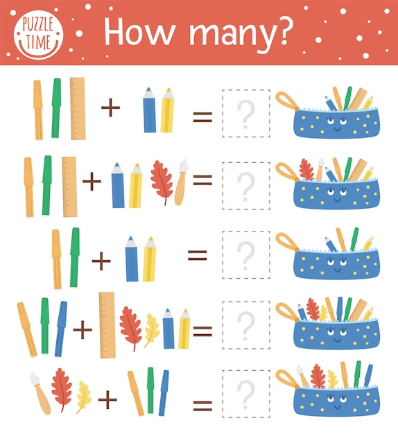 Premium Vector | Counting game with stationery and pencil case. back to ... Premium Vector | Counting game with stationery and pencil case. back to ...