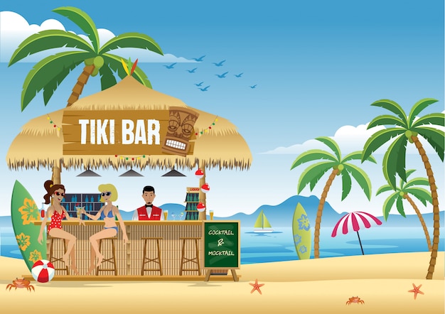 Premium Vector Couple Girl Enjoying Summer At The Tiki Bar