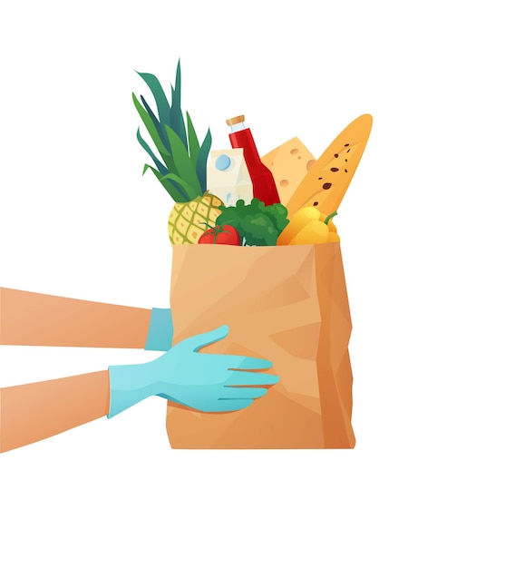 Premium Vector | Couriers gloved hand holding a paper eco bag with ... Premium Vector | Couriers gloved hand holding a paper eco bag with ...