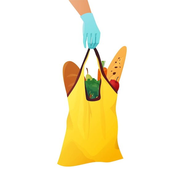 Premium Vector | Couriers gloved hand holding a yellow cotton eco bag ... Premium Vector | Couriers gloved hand holding a yellow cotton eco bag ...