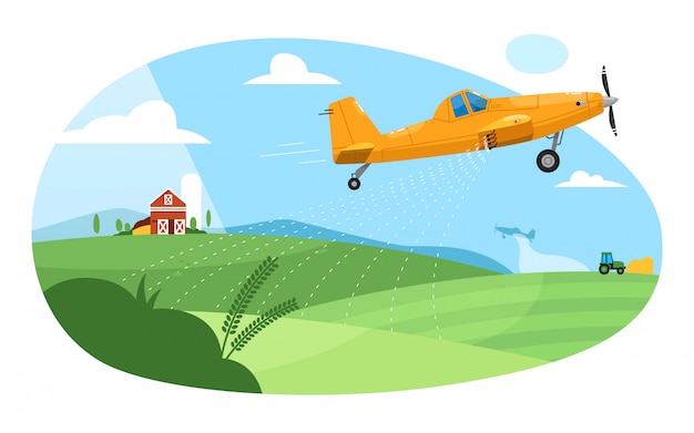 Crop Duster Flying Aircraft Plane Spraying Farm Field With Pesticide