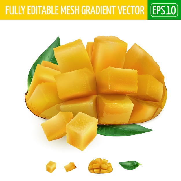 Premium Vector | Cube sliced fresh mango with green leaves. Premium Vector | Cube sliced fresh mango with green leaves.