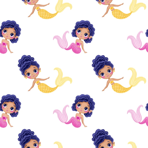 Premium Vector Cute Cartoon Mermaids Seamless Pattern Black Skin