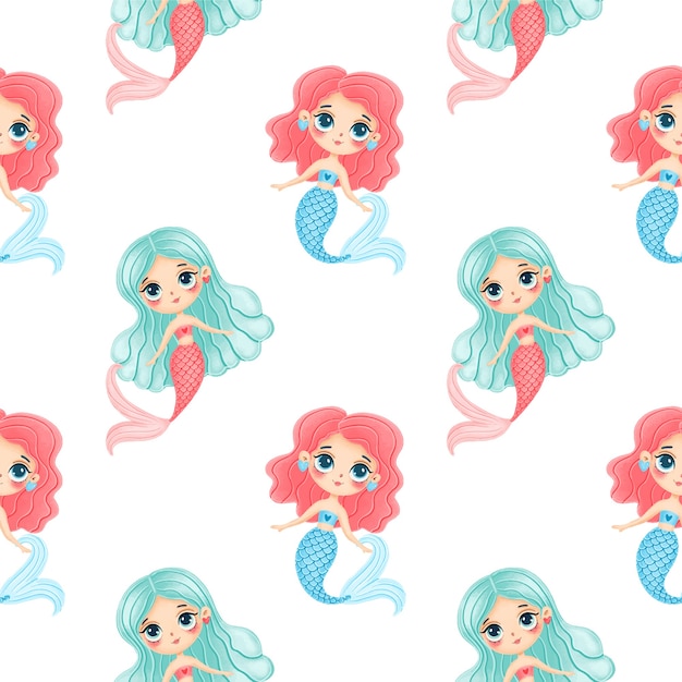 Premium Vector Cute Cartoon Mermaids Seamless Pattern Underwater