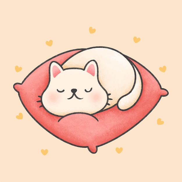 Premium Vector Cute Cat Sleeping On A Pink Pillow Cartoon Hand Drawn