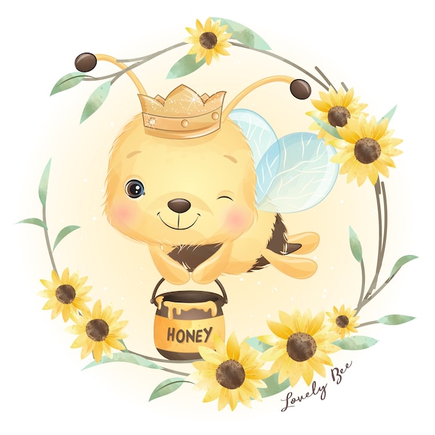 Premium Vector | Cute doodle bee with floral illustration Premium Vector | Cute doodle bee with floral illustration