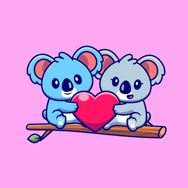 Free Vector Cute Koala Couple Holding Heart On Tree Cartoon Icon