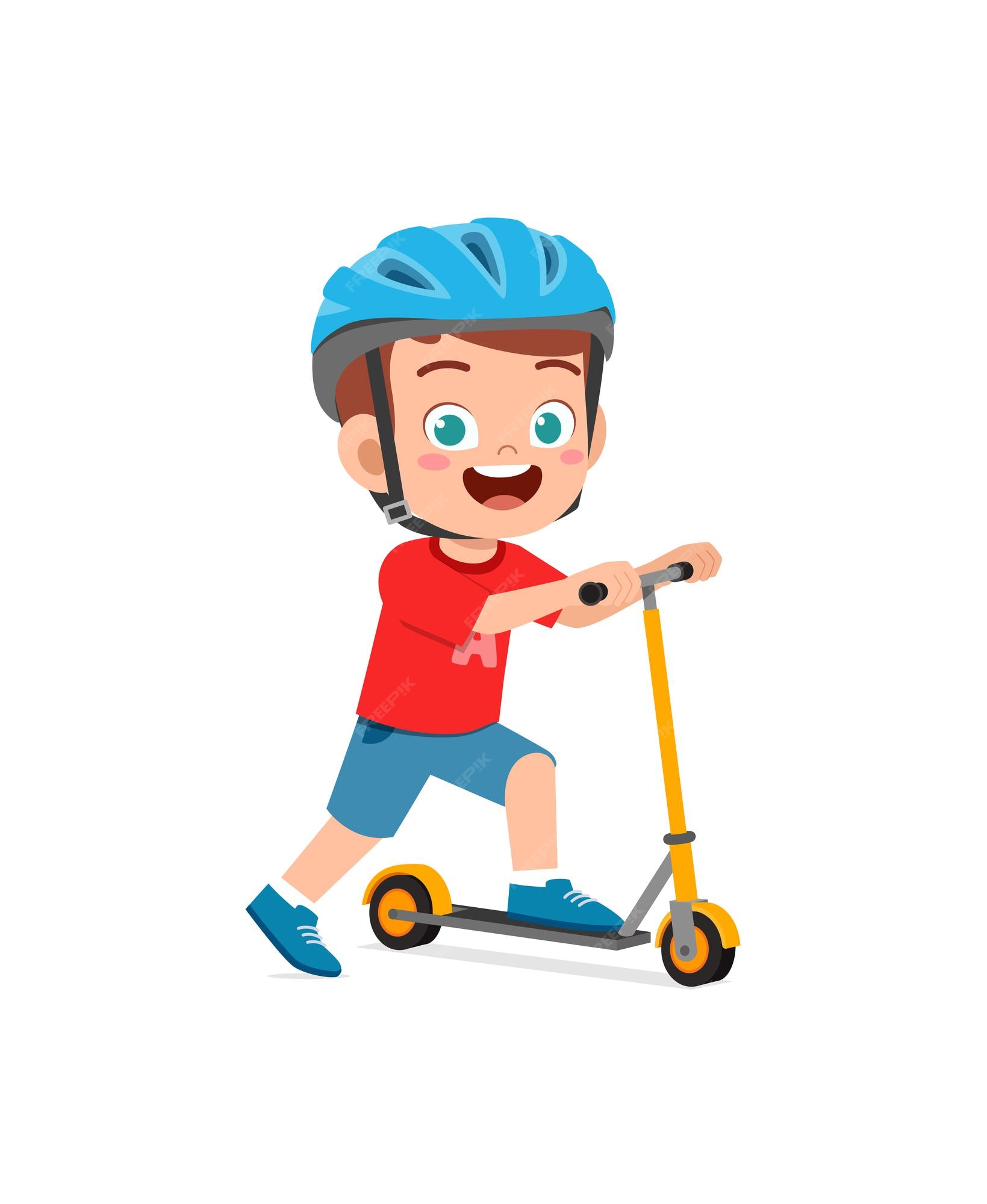 Premium Vector | Cute little boy riding scooter and wear helmet Premium Vector | Cute little boy riding scooter and wear helmet