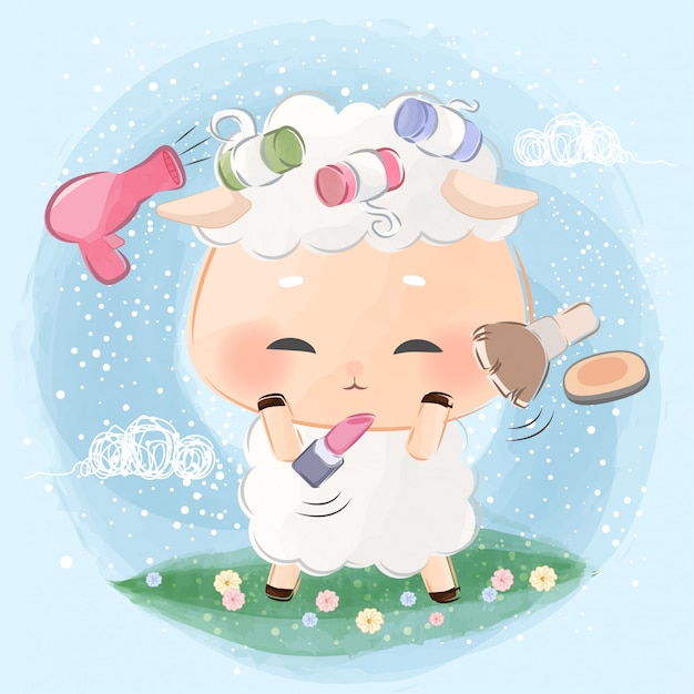 Cute little sheep doing makeup | Premium Vector Cute little sheep doing makeup | Premium Vector