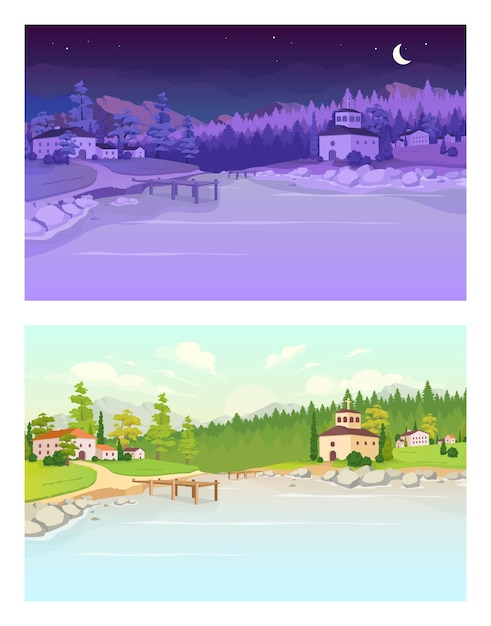 Premium Vector | Day and night village flat color illustration. lake ... Premium Vector | Day and night village flat color illustration. lake ...