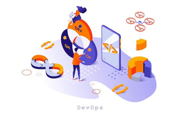 3d 아이소메트릭 디자인의 Devops 개념 프로그래밍 및 개발 작업 작업 프리미엄 벡터
