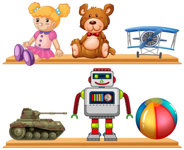 Free Vector | Different types of toys on wooden shelf Free Vector | Different types of toys on wooden shelf