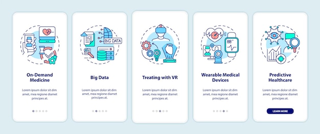 의료 온보딩 모바일 앱 페이지 화면의 디지털화 의학 연습은 개념이 포함된 5단계 그래픽 지침입니다 선형 컬러 일러스트레이션이 있는 Ui Ux Gui 벡터 템플릿
