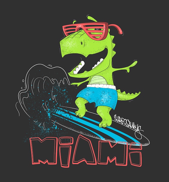 Premium Vector | Dinosaur surfer ride the wave, on surfboard. illustration. Premium Vector | Dinosaur surfer ride the wave, on surfboard. illustration.