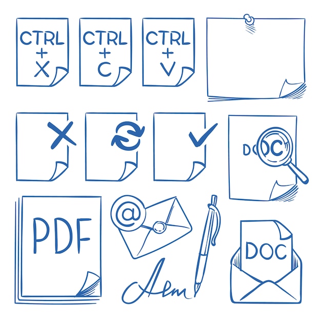 Doodle office paper icons with function symbols update, paste, cut ... Doodle office paper icons with function symbols update, paste, cut ...